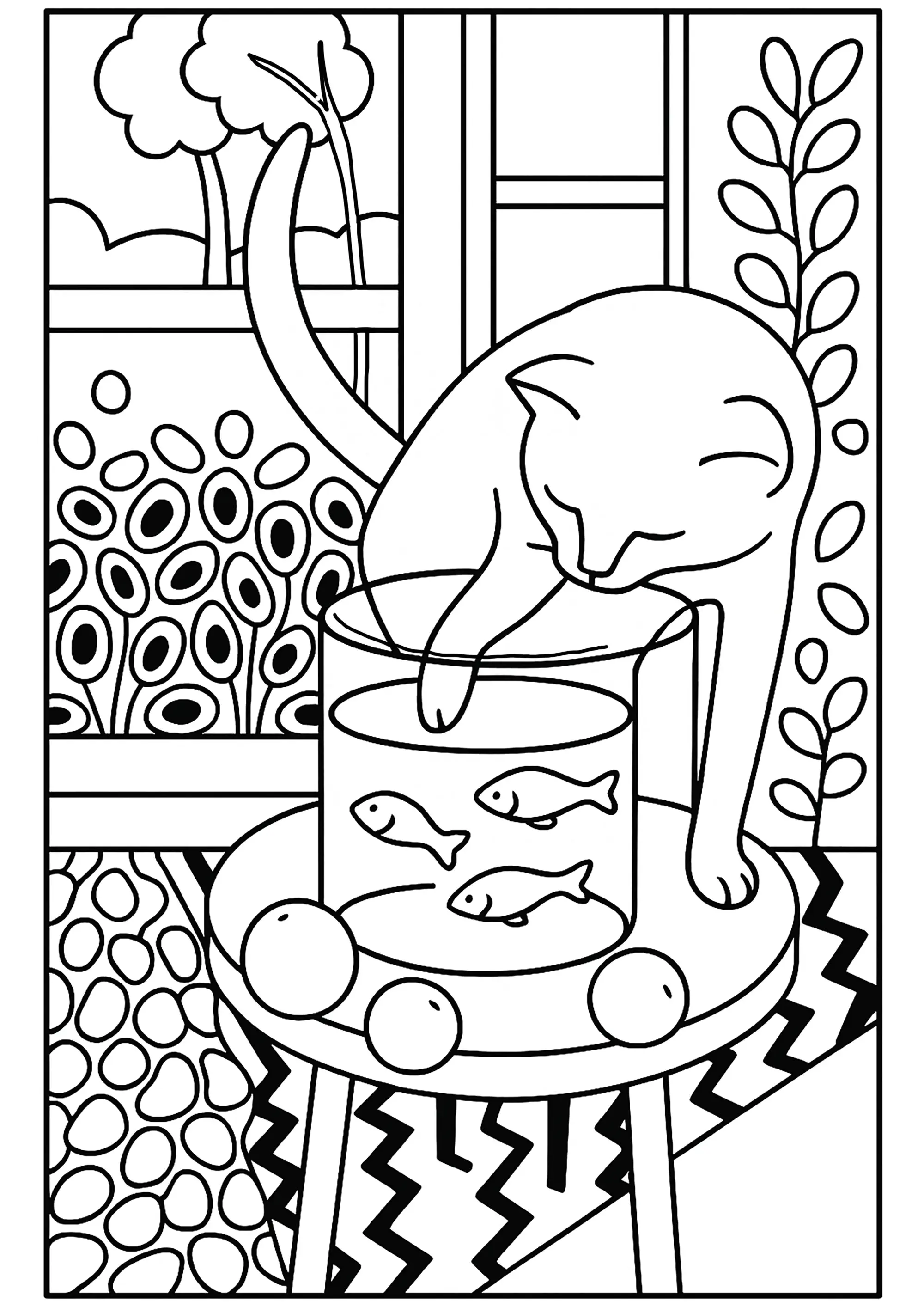 Coloriage Tableau Le Chat aux poissons rouges dessin gratuit à imprimer