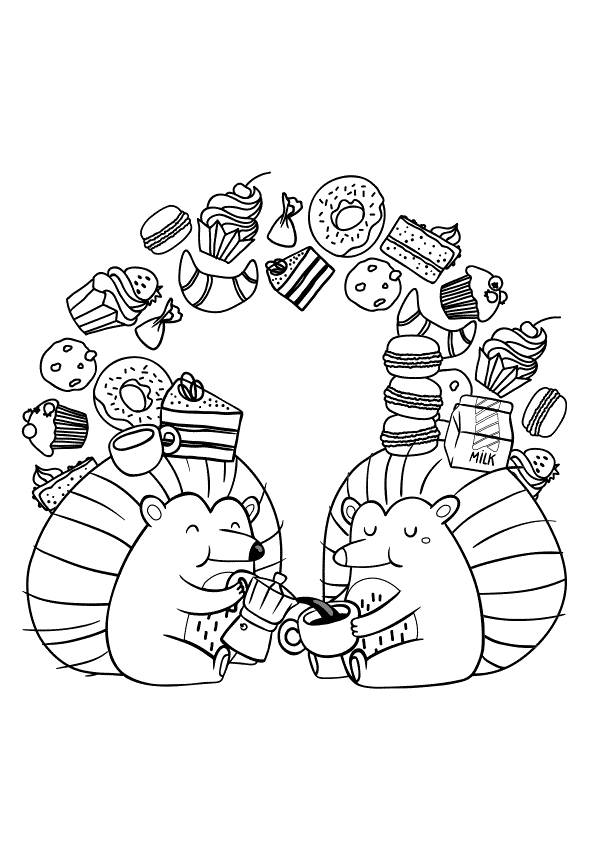 Coloriage Deux hérissons en train de goûter