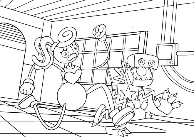 Coloriage Boxy Boo et Maman longues jambes dans l’usine de jouets