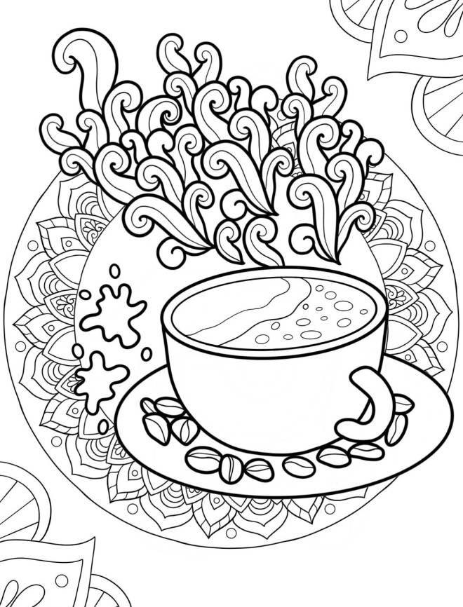 Coloriage Mandala de café avec des grains dessin gratuit à imprimer