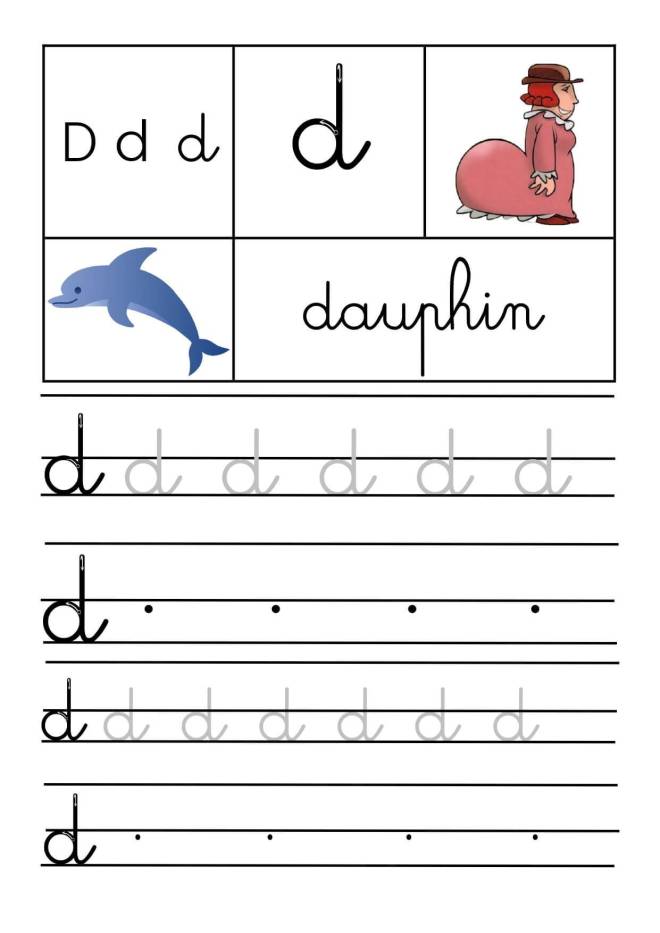 Coloriage Apprendre l'alphabet D avec Dauphin écriture cursive