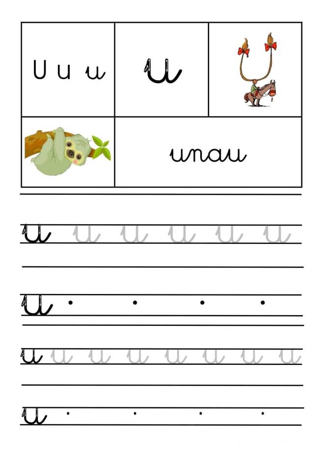 Coloriage lettre U pour Unau écriture cursive