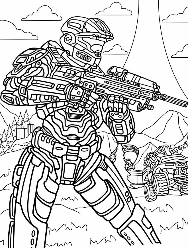 Coloriage Affiche Halo Spartan tenant un pistolet