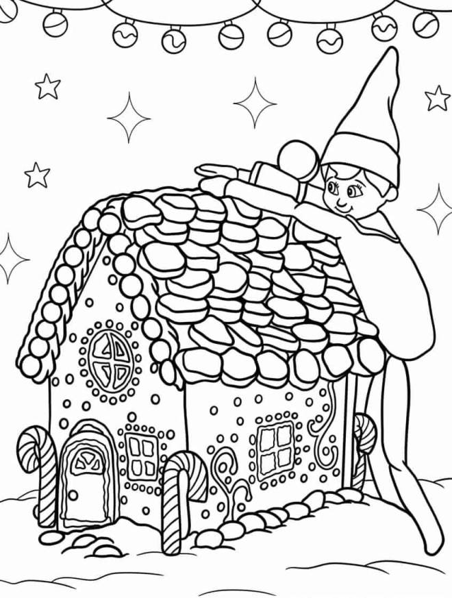 Coloriage Maison en pain d'épice avec elfe sur le toit