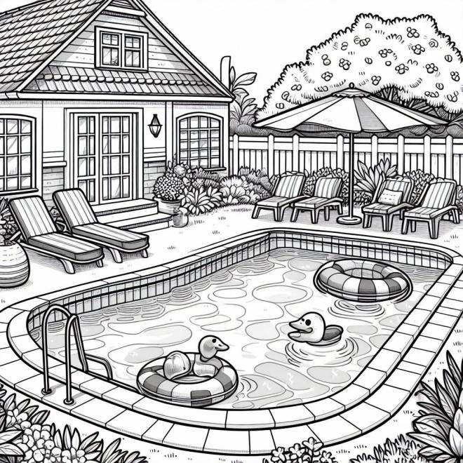 Coloriage Maison avec piscine en plein air dessin gratuit à imprimer