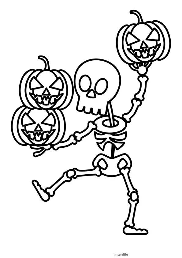 Coloriage Trois citrouilles de Halloween dans les main d'une squelette Coloriage Trois citrouilles de Halloween dans les main d'une squelette