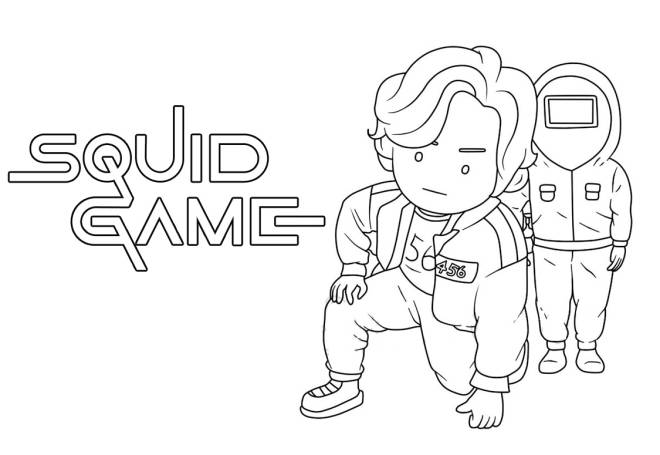 Coloriage Joueur numéro 456 avec un agent de sécurité Squid Games