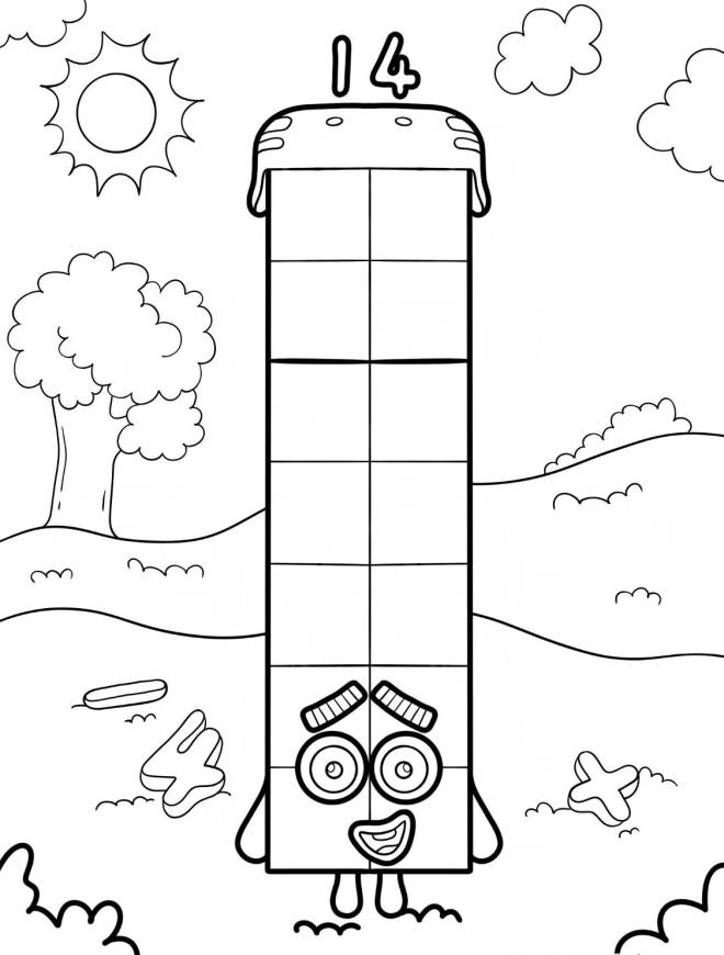 Coloriage Numberblocks 14 en portant une casque dessin gratuit à imprimer