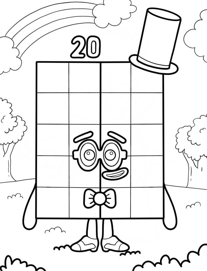Coloriage Numberblocks 20 avec chapeau et nœud