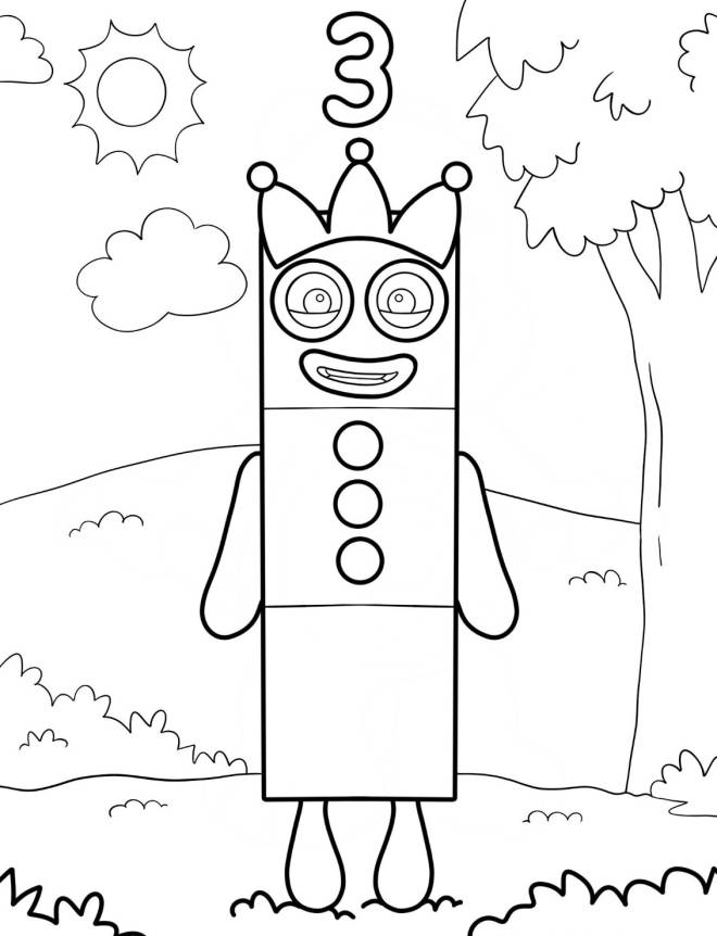 Coloriage Numberblocks 3 avec une couronne dessin gratuit à imprimer