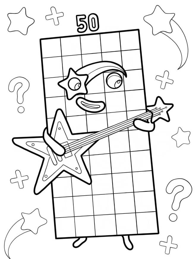 Coloriage Numberblocks 50 guitariste dessin gratuit à imprimer