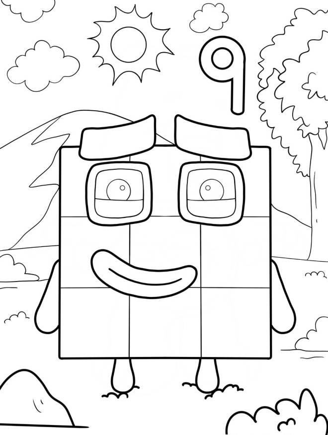 Coloriage Numberblocks 9 et le jour ensoleillé