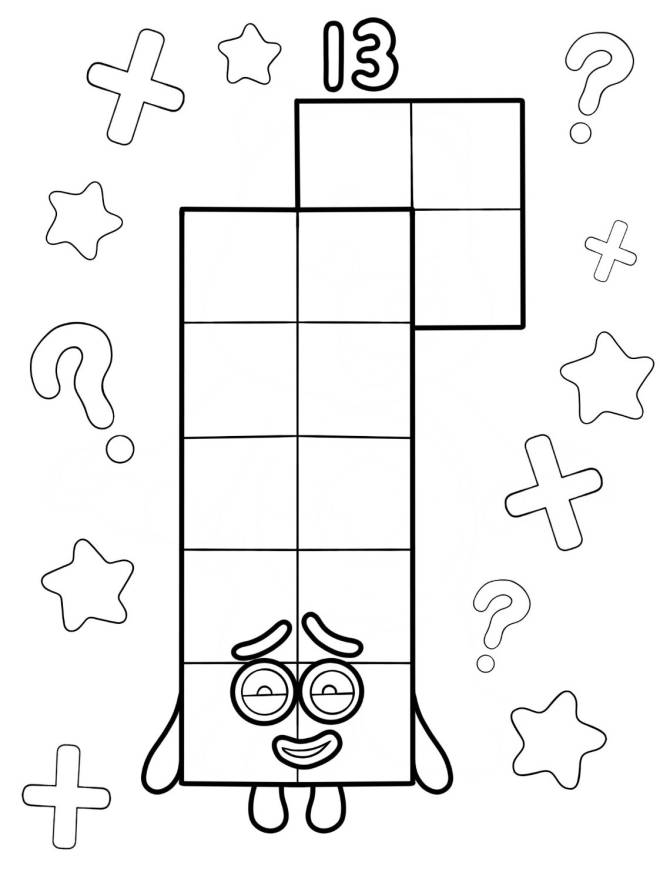 Coloriage Numberblocks numéro 13 surpris dessin gratuit à imprimer