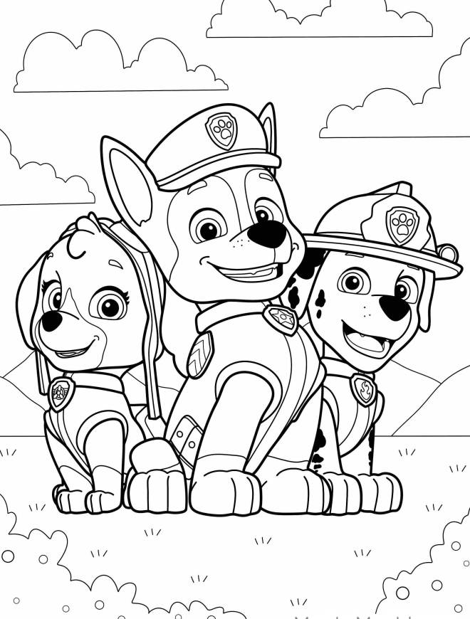 Coloriage Chase, Skye And Marshall de Pat Patrouille la super Patrouille