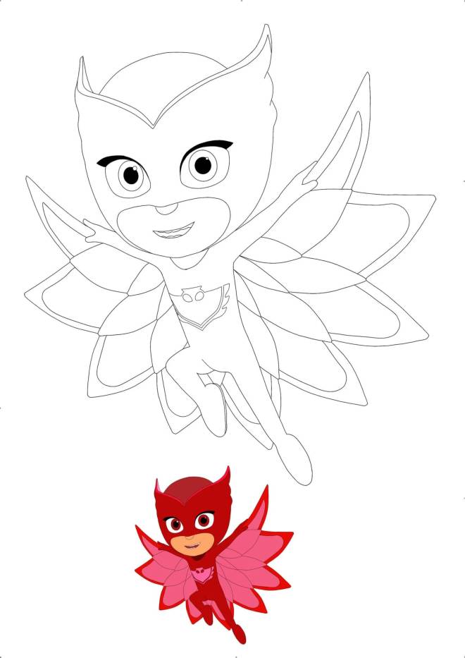 Coloriage Bibou avec modèle en couleurs PJ Mask
