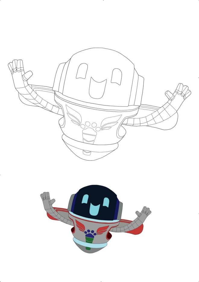 Coloriage Pyja Robot de PJ Masks avec modèle en couleurs