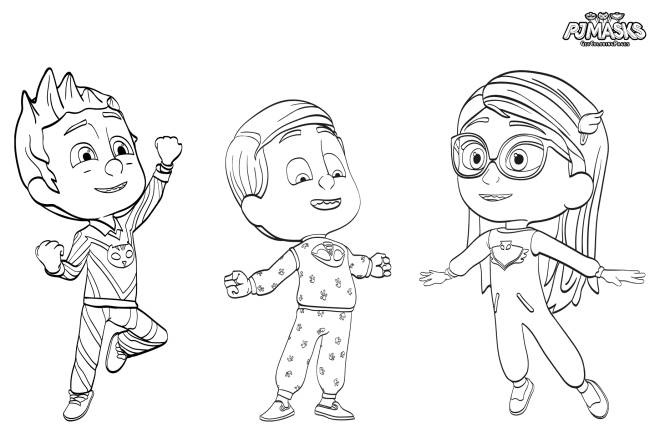 Coloriage Pyjamasques personnages principaux dessin gratuit à imprimer