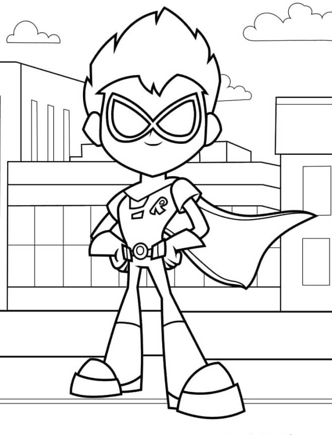 Coloriage L'adolescent Robin dans la ville dessin gratuit à imprimer
