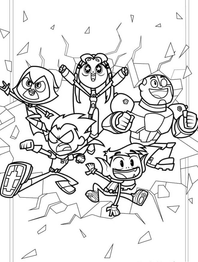 Coloriage Les Teen Titans brisent le mur dessin gratuit à imprimer