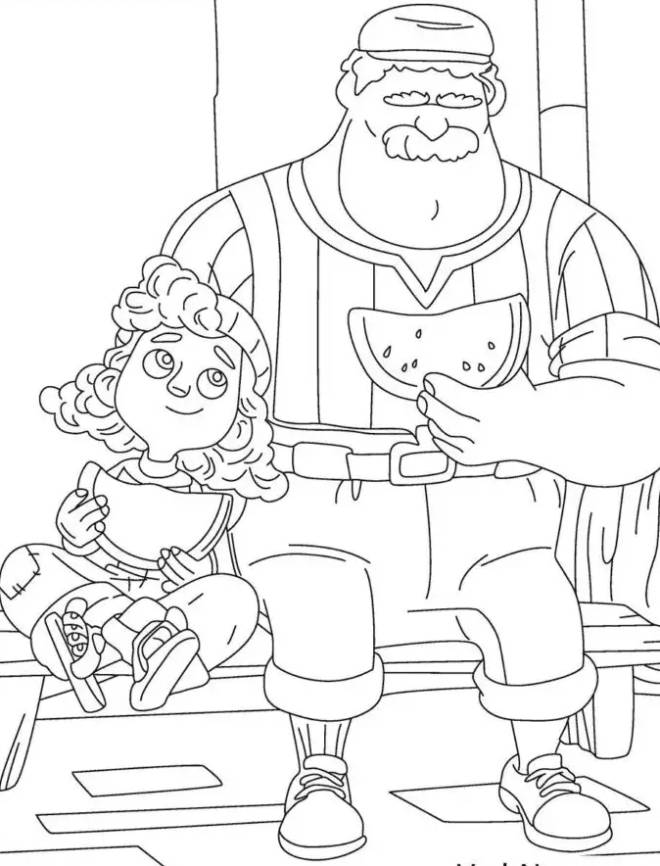 Coloriage Giulia and Massimo Marcovaldo en mangeant de la pastèque Coloriage Giulia and Massimo Marcovaldo en mangeant de la pastèque