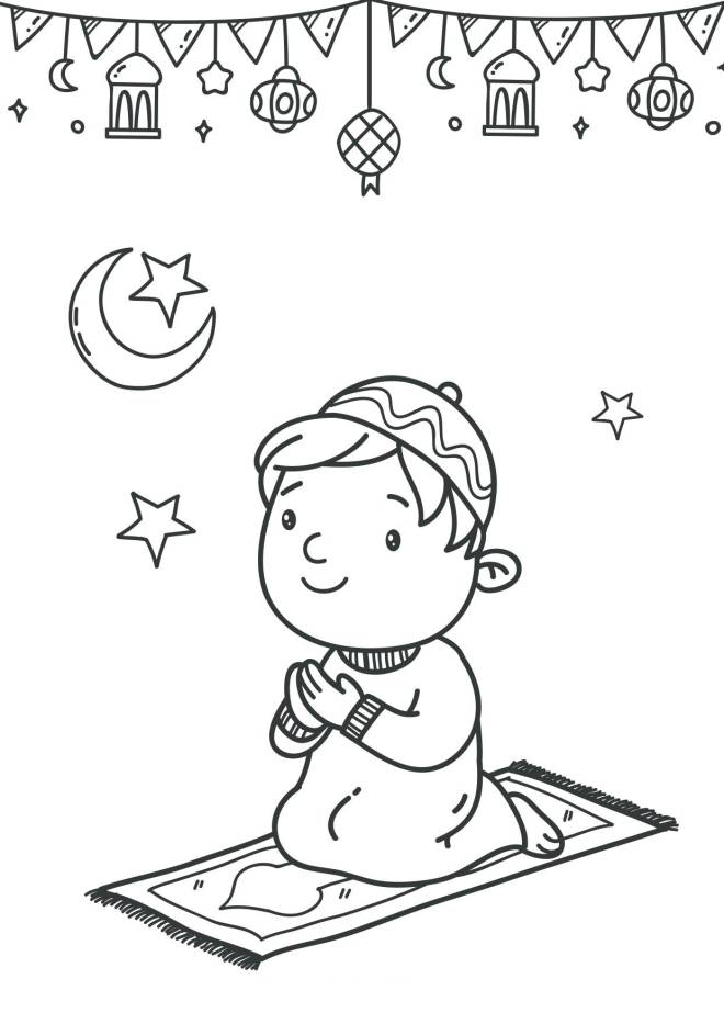 Coloriage Ramadan et la prière d'enfants dessin gratuit à imprimer