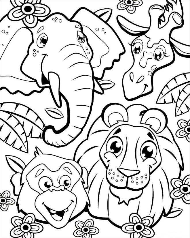 Coloriage Les animaux sauvages éléphant, girafe, lion et singe