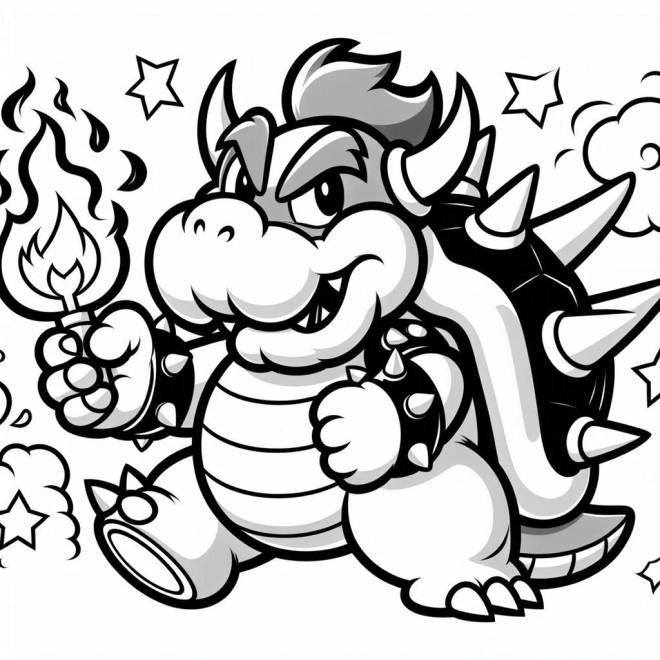 Coloriage Bowser avec un flamme en feu pour enfants