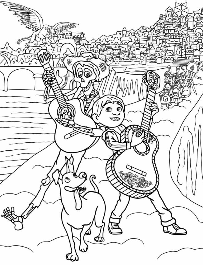 Coloriage Coco Hector et Miguel jouant de la guitare