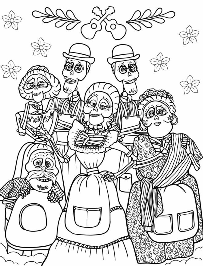 Coloriage Famille de squelettes du film Coco Disney