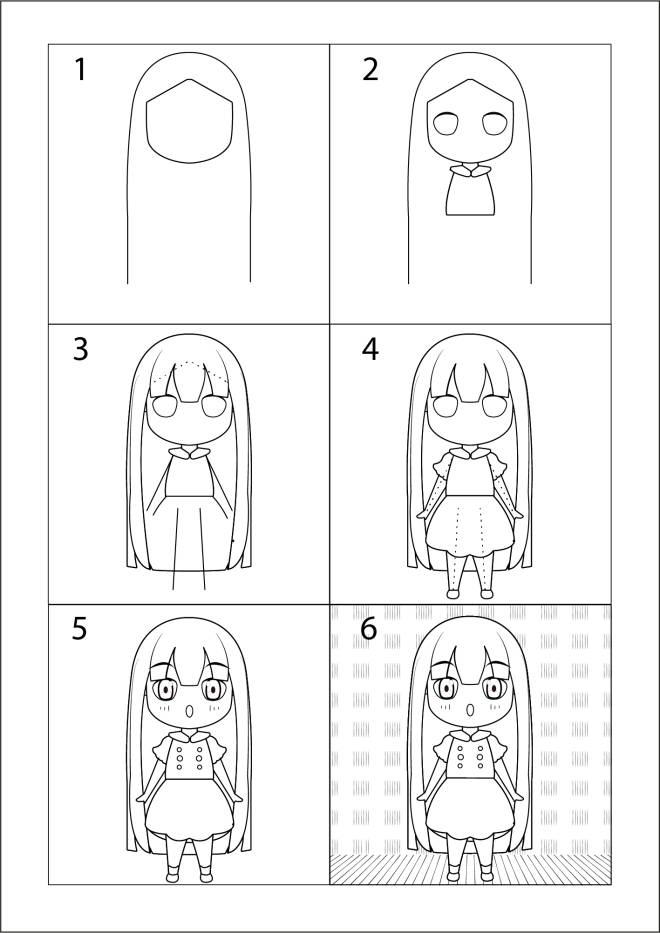 Coloriage Comment dessiner une fille chibi en six étapes
