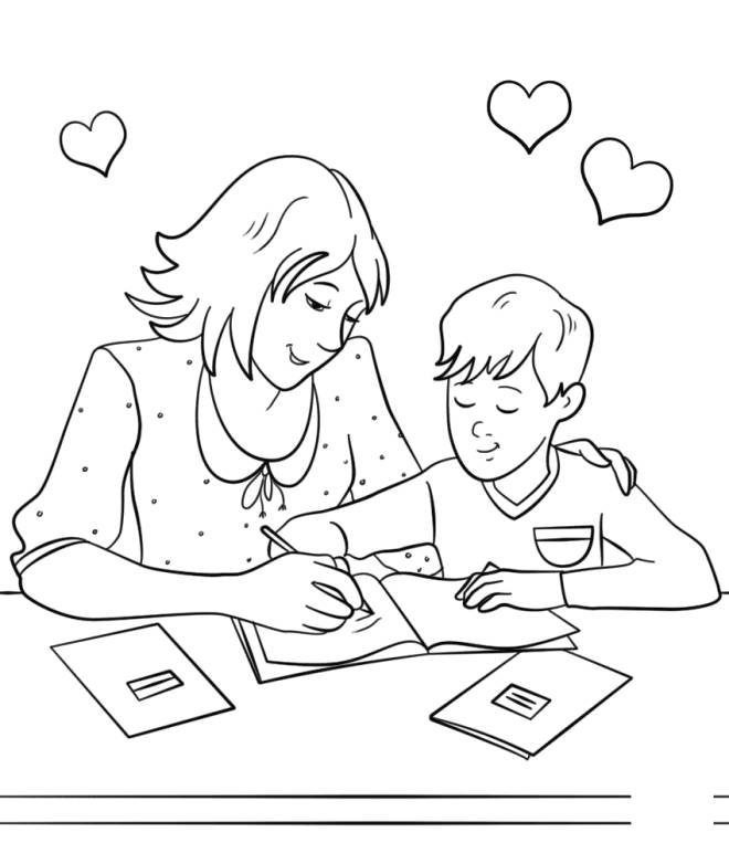 Coloriage La mère aide son fils à faire son travail à la maison