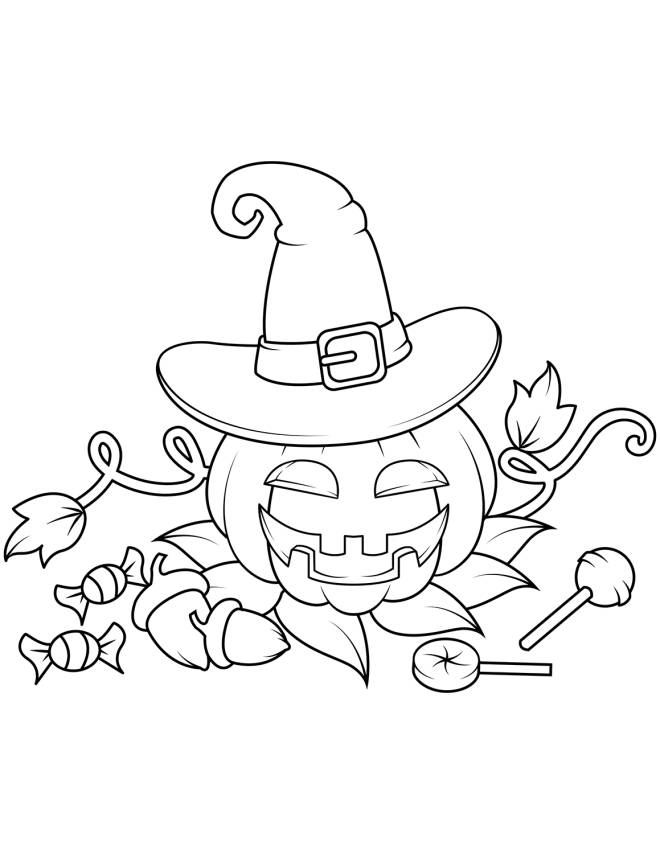 Coloriage Citrouille de Halloween avec un chapeau de sorcière et des friand