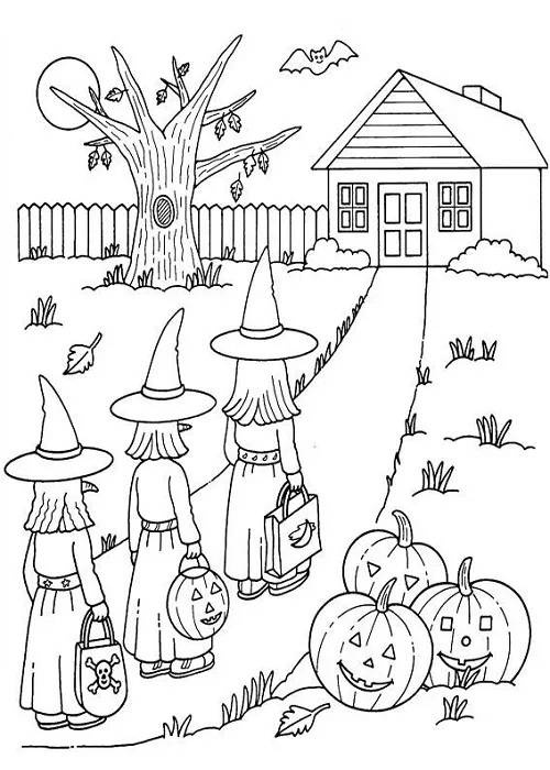Coloriage Les sorcières tenant des citrouille de Halloween décorés