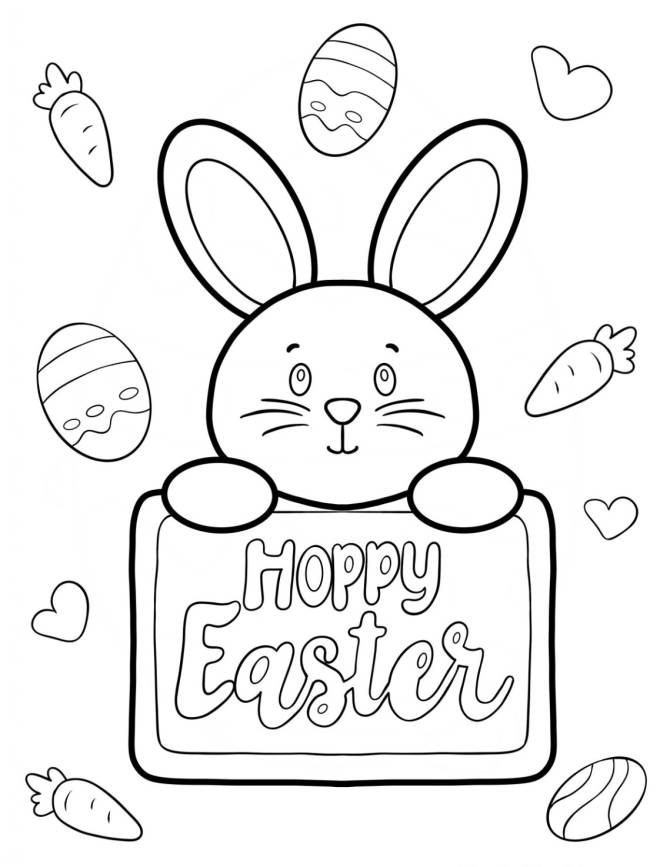 Coloriage Lapin tenant un panneau de Pâques houblonné Coloriage Lapin tenant un panneau de Pâques houblonné