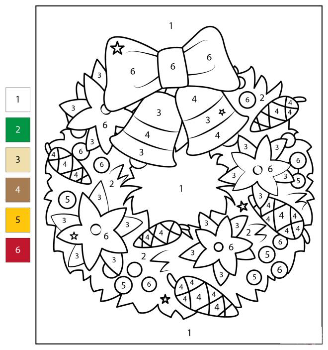 Coloriage Couronne de Noël par chiffres pour enfants