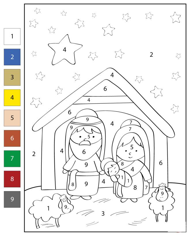 Coloriage La Nativité par numéro dessin gratuit à imprimer