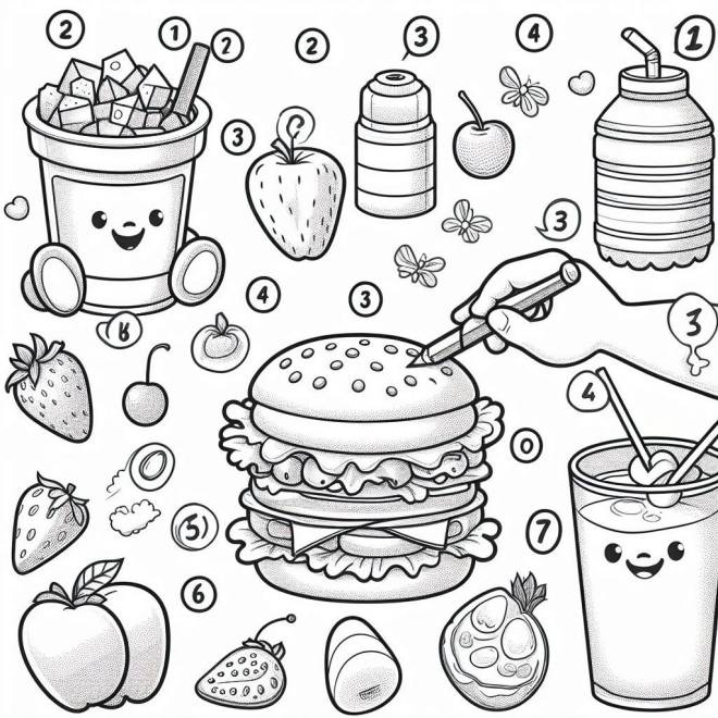 Coloriage Colorie de la nourriture magique par numéro