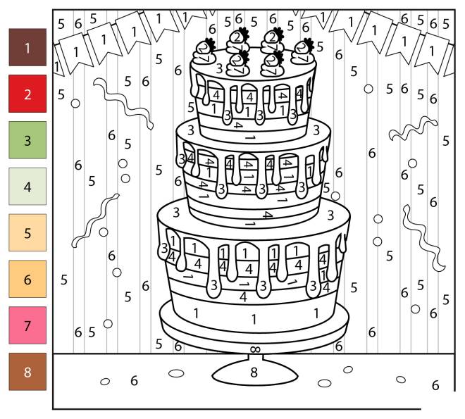 Coloriage Gâteau par numéro de 1 à 8