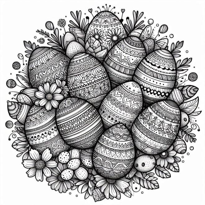 Coloriage Collection d'oeuf de Pâques en couronne pour adultes difficile