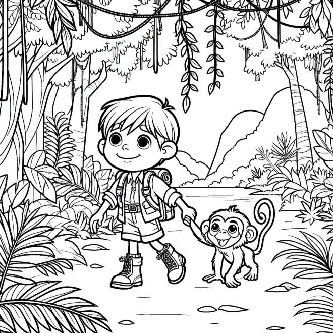Coloriage Petit explorateur dans la foret tropicale avec le singe