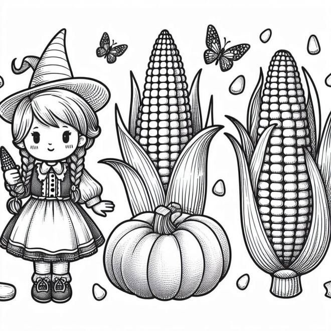 Coloriage Petite fermière avec du Maïs et un citrouille