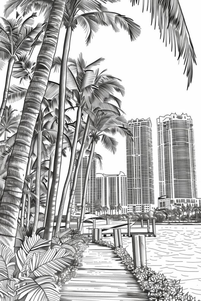 Coloriage Les palmiers de Miami Beach dessin gratuit à imprimer