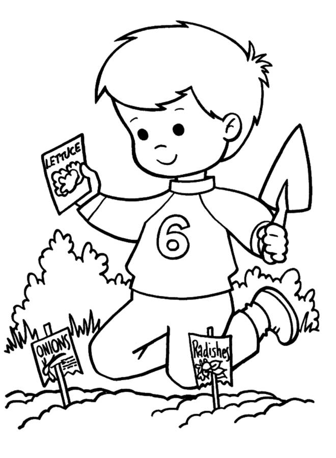 Coloriage Enfants qui plante le potager en Printemps