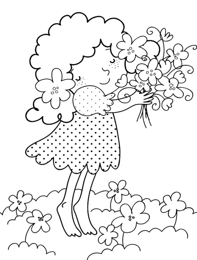 Coloriage Une jolie fille avec un bouquet de fleur au printemps Coloriage Une jolie fille avec un bouquet de fleur au printemps