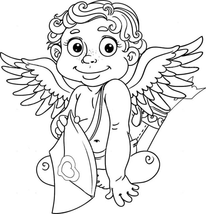 Coloriage Cupidon avec une lettre d'amour dessin gratuit à imprimer