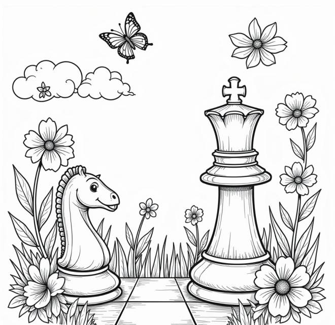 Coloriage Jeu d'échecs avec des fleurs dessin gratuit à imprimer Coloriage Jeu d'échecs avec des fleurs dessin gratuit à imprimer