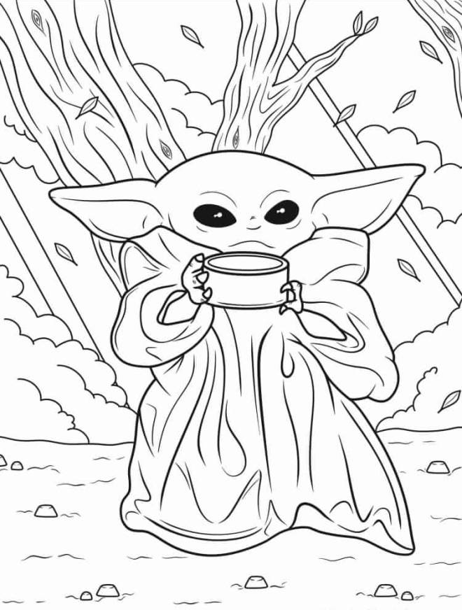 Coloriage Bébé Yoda boit du thé