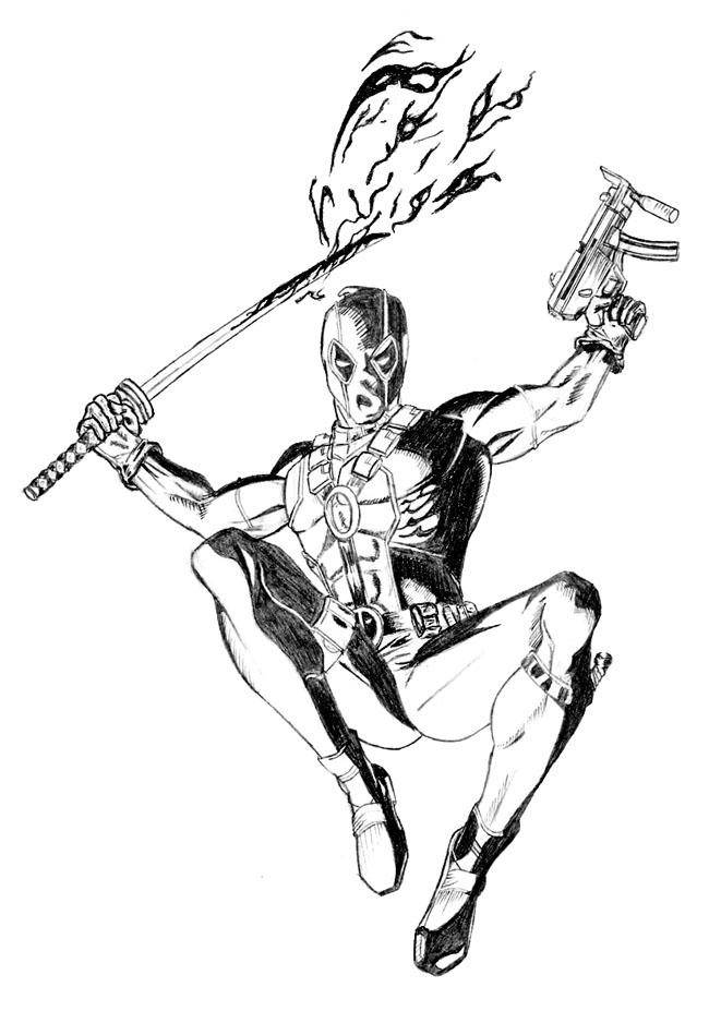 Coloriage Deadpool avec son épée et fusil Coloriage Deadpool avec son épée et fusil